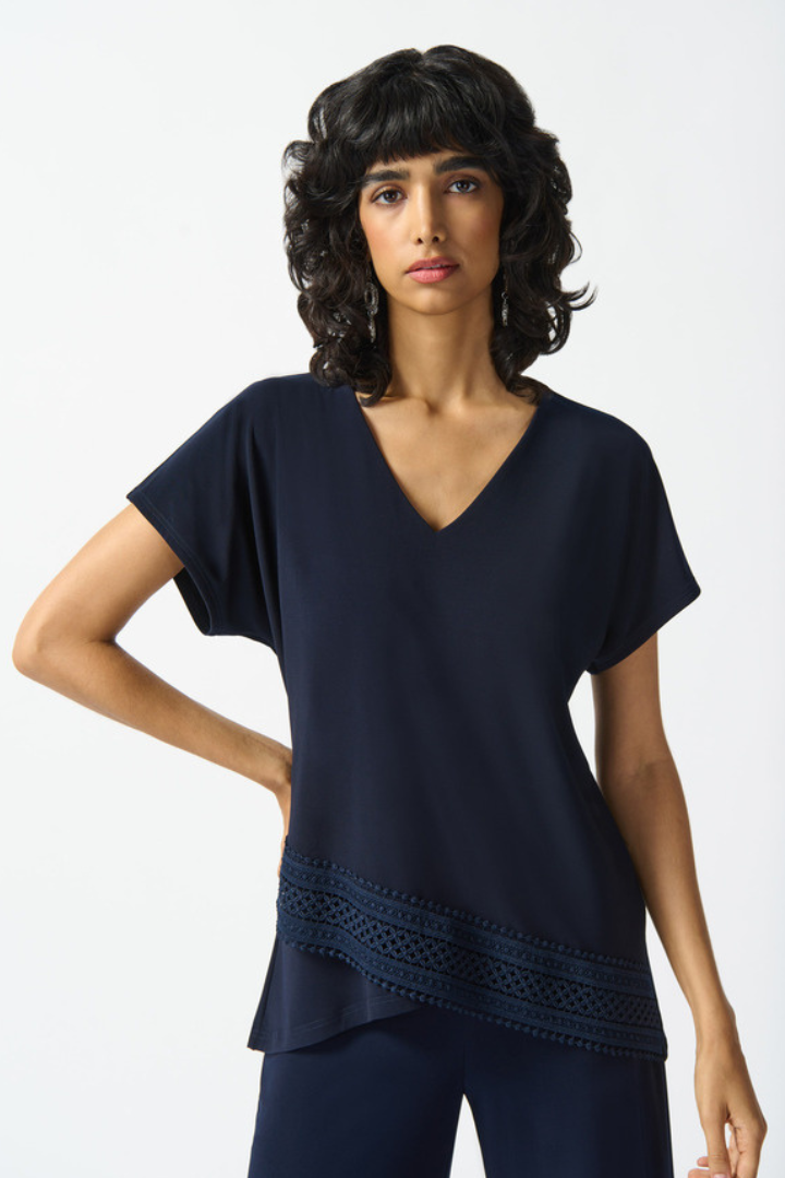 Midnight Blue Lace Trim V-neck Top Style 242132 – Tango Boutique